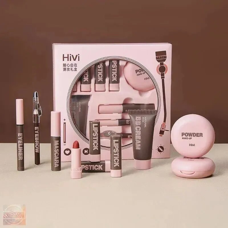 Подарочный набор HiVi Makeup Record для лица, губ и бровей, 8 предметов, светло-розовый — фото 1