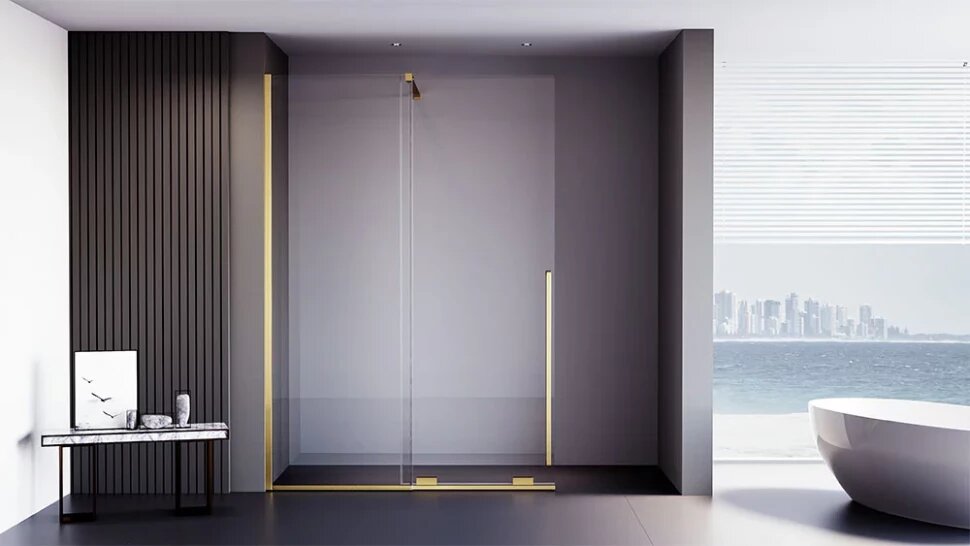 Душевая перегородка Veconi Premium Trento PTDW-50G-130-01-C4 129 см, профиль золотой матовый, стекло прозрачное