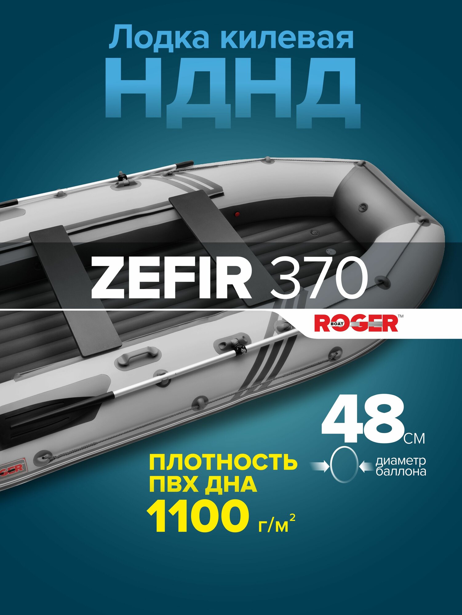 Лодка ПВХ под мотор ROGER Zefir 370, надувная для рыбалки роджер НДНД килевая (серый-графитовый)