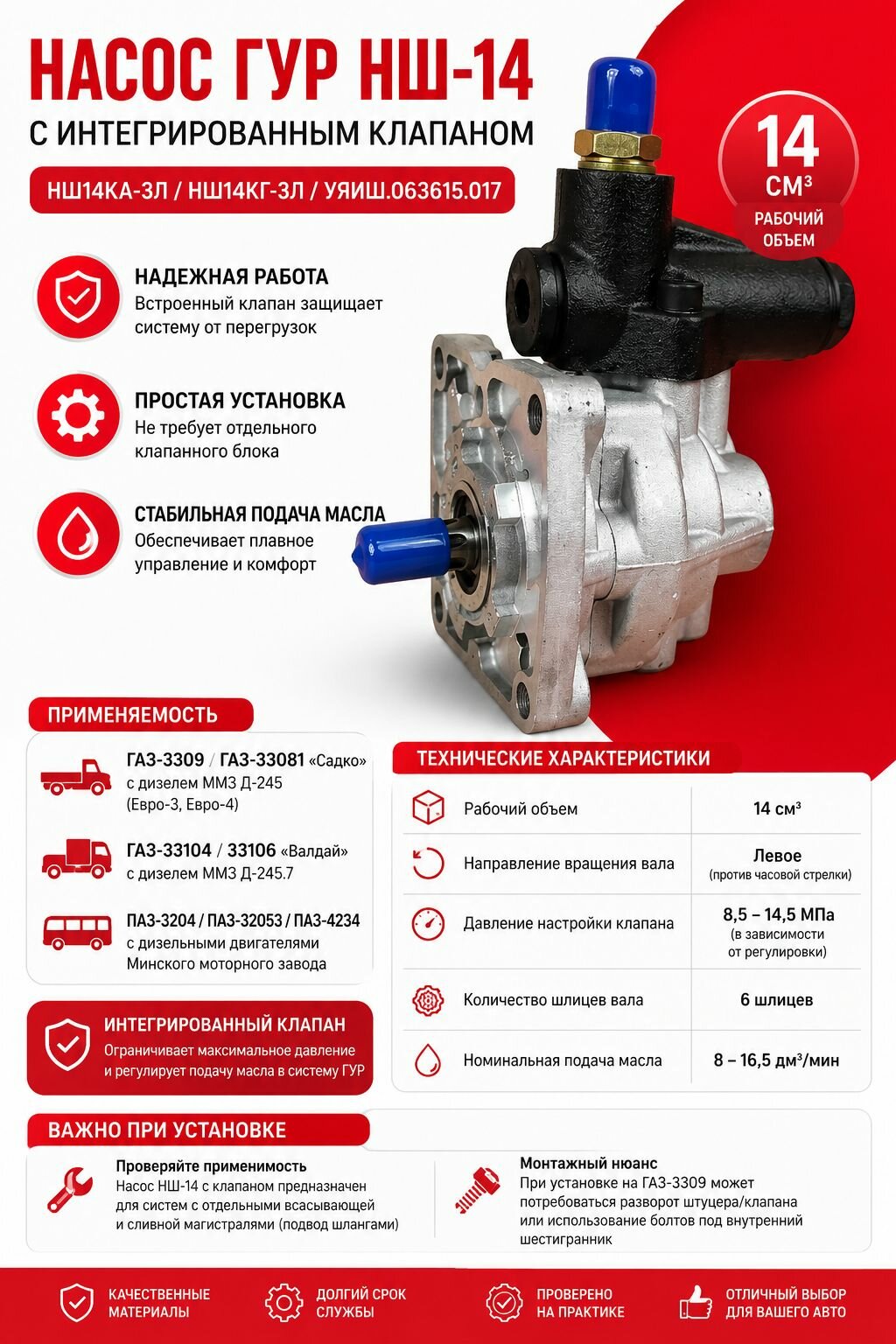 Насос ГУР НШ-14 с клапаном для А/м ГАЗ-3309, ПАЗ, Валдай