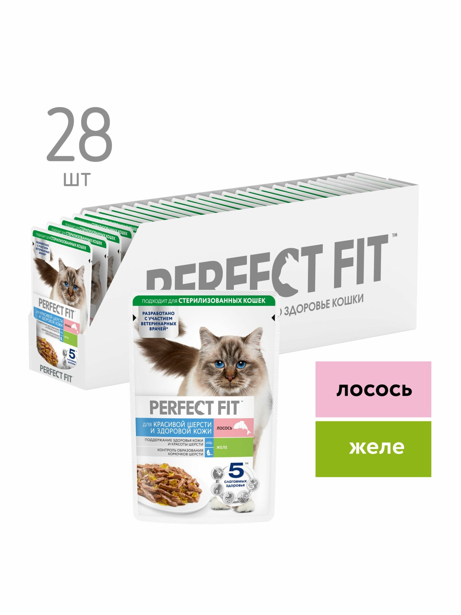 Влажный корм для кошек Perfect Fit для шерсти и кожи, полнорационный, лосось в желе, 28 шт по 75 г