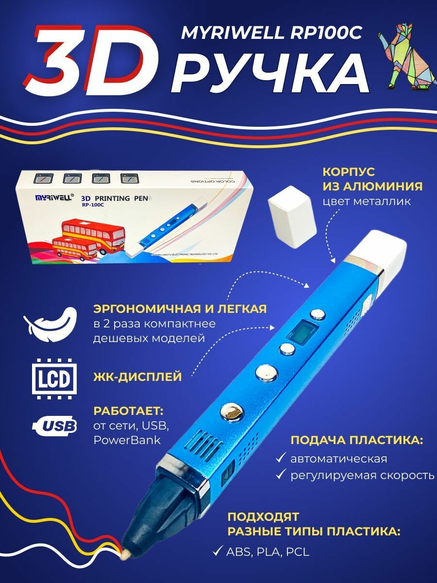 3D ручка Myriwell RP100C последняя версия с возможностью работы с 3-мя видами пластика (Голубой)