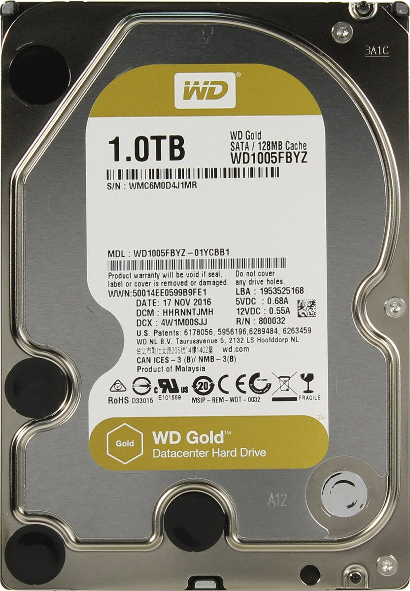 Western Digital 1 ТБ Внутренний жесткий диск, 3.5", 7200 об/мин, SATA III 6 Гбит/с (WD1005FBYZ)