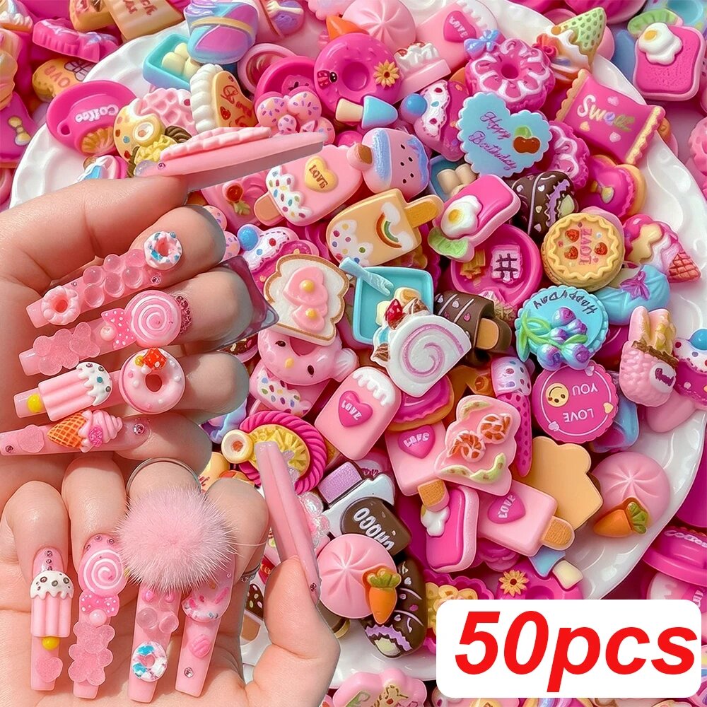 50 шт. Ассорти украшений для ногтей в виде десертов: 3D-фигурки из смолы (розовое мороженое, конфеты, пончики, леденцы), стразы с плоским основанием, мультяшный декор для ногтей своими руками