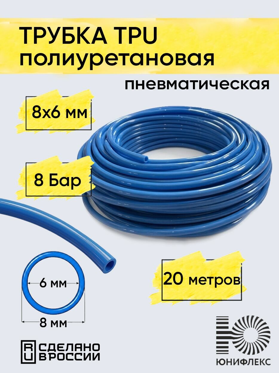 Трубка пневматическая полиуретановая 8х6мм L-20м цвет синий