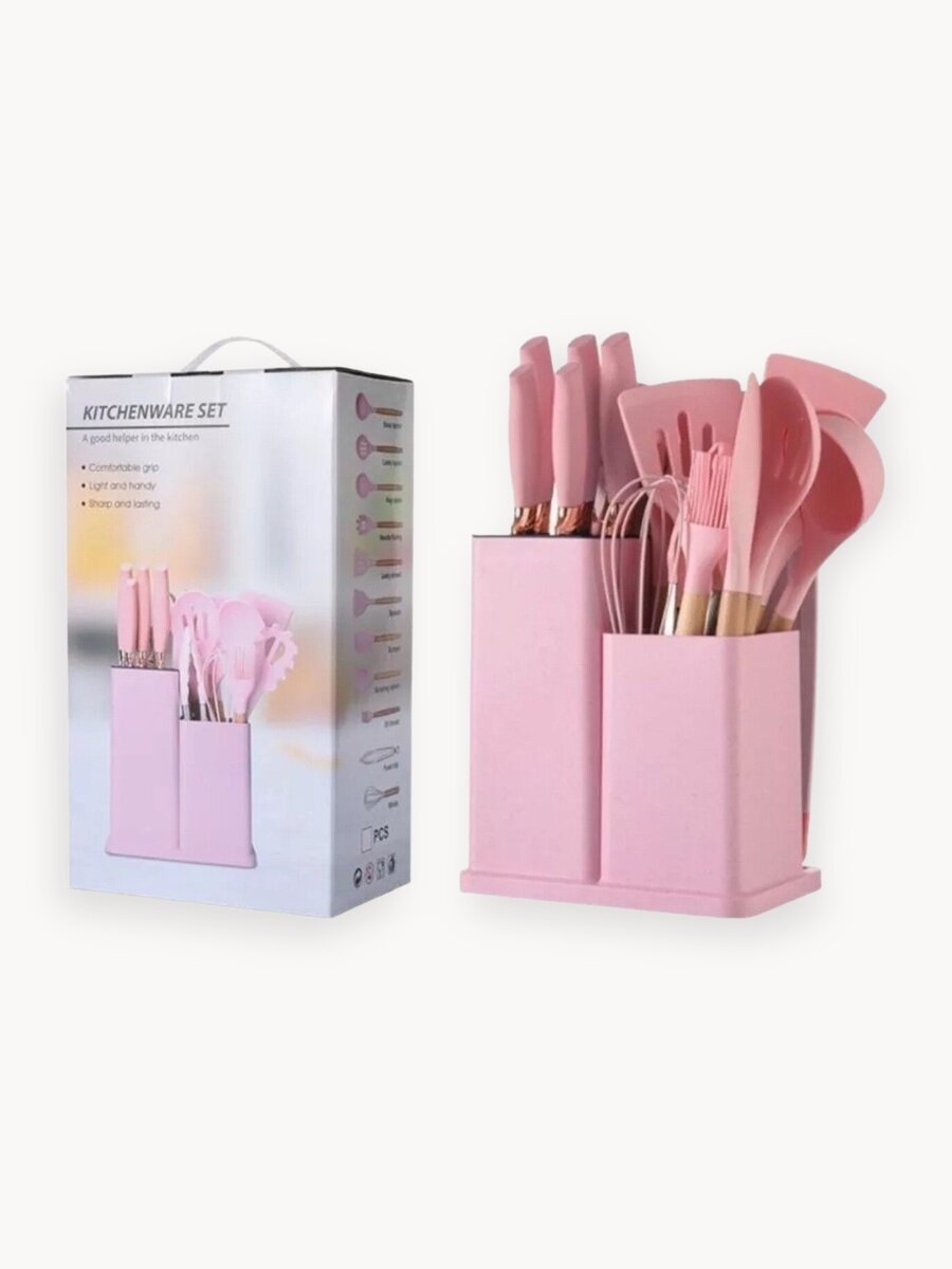 Набор кухонных принадлежностей kosmo.store, силиконовые приборы, ножи, набор ножей, кухонная навеска, розовый