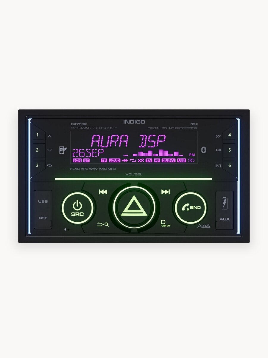 Магнитола процессорная Aura INDIGO-847DSP-MKII 2DIN, Bluetooth, 4 RCA выходов, USB-порт, Android/iOS, черная