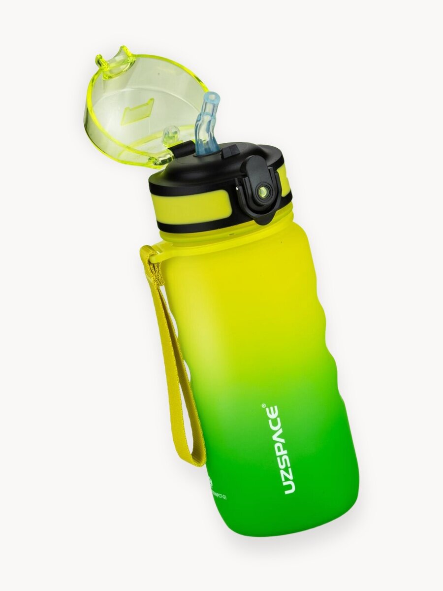 Бутылка для воды с трубочкой UZSPACE, из Тритана, желтая и зеленая матовая, 350 мл, с герметичной крышкой, BPA Free, для спорта и фитнеса, детская в школу