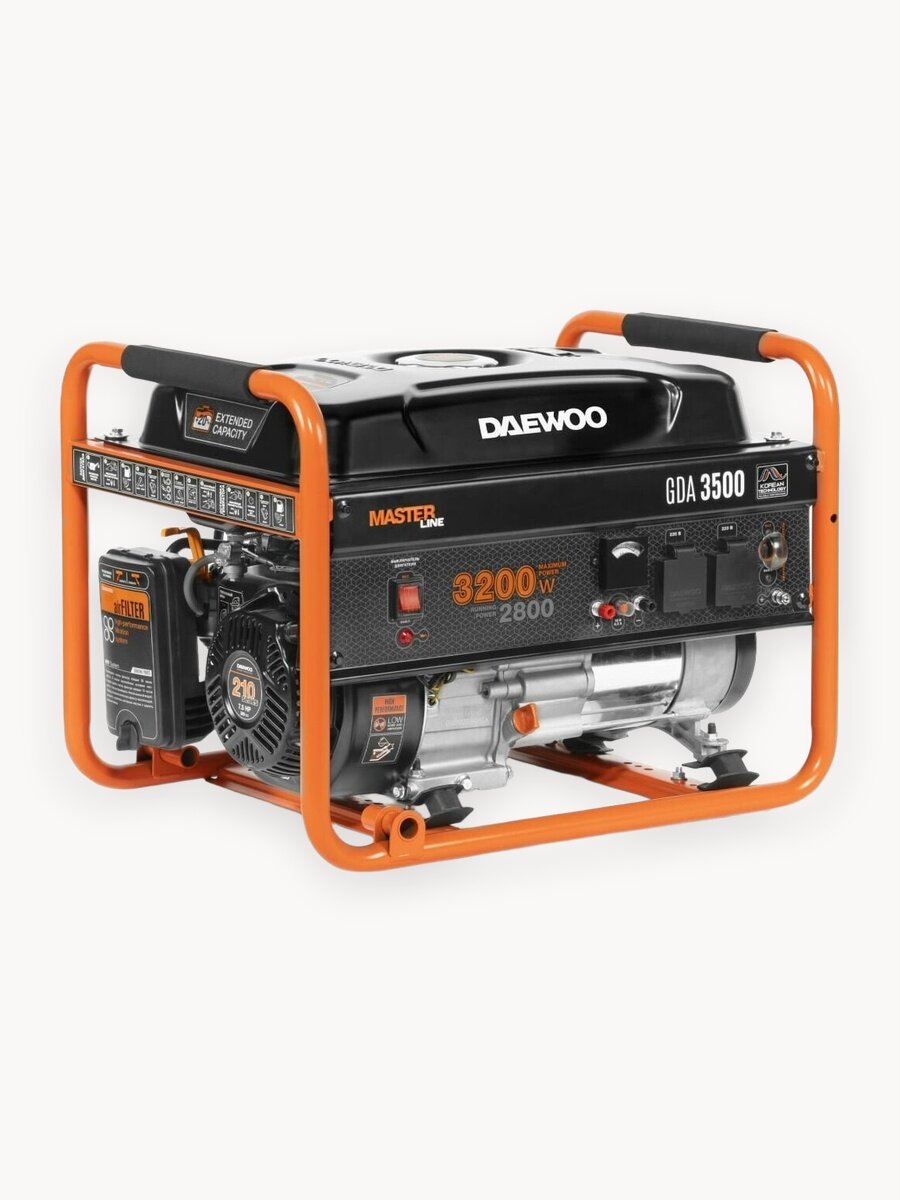 Бензиновый генератор DAEWOO GDA 3500 с мощностью 3.2 кВт, 4-тактным двигателем 7 л. с. и системой контроля напряжения для надежного использования