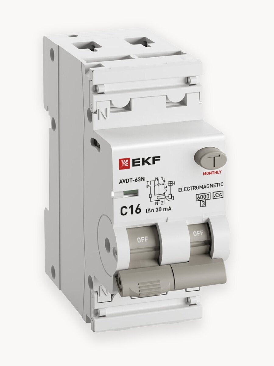 Дифавтомат EKF PROXIMA АВДТ-63N 16А (C) 30мА, тип A, 1P+N (двухполюсный), 6кА, электромеханический