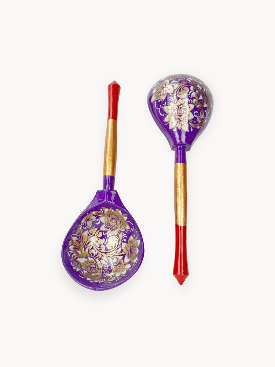 Ложки деревянные музыкальные, столовые, народные музыкальные инструменты, ручная авторская роспись, фиолетовые, 2 шт.