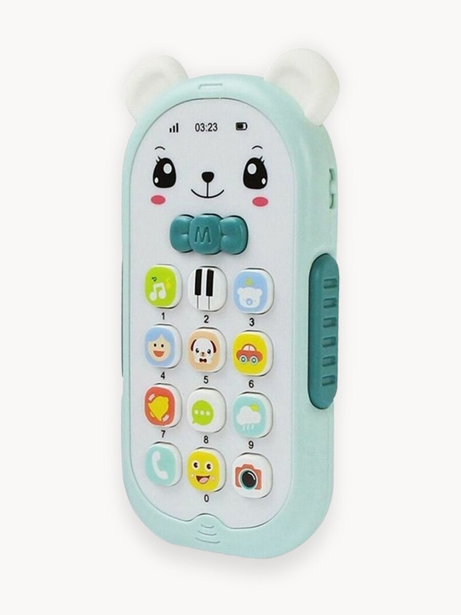 Развивающий детский телефон для малышей, мягкие ушки грызунки для прорезывания зубов. Голубой