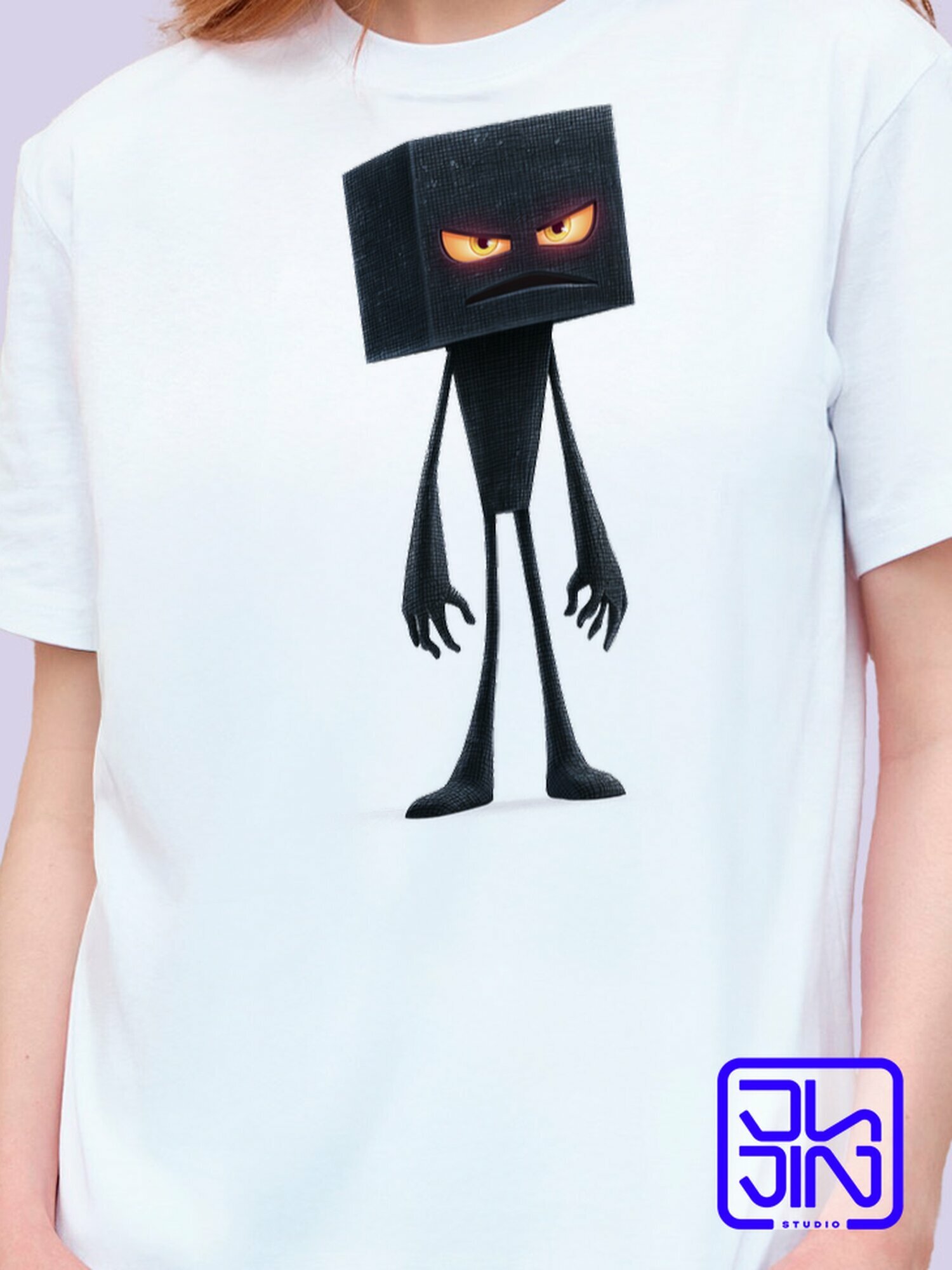 Футболка классическая женская с авторским принтом Черный квадратный куб с агрессивным, вызывающим графитовым персонажем, белый хлопковый трикотаж с прикольным рисунком на груди