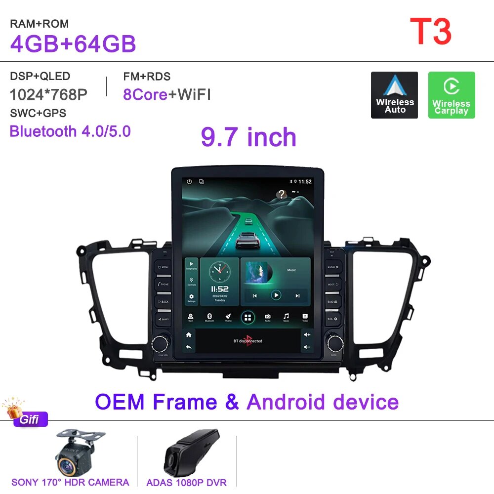9,7-дюймовый автомобильный радиоприемник Android 15 для Kia Carnival 3 YP 2014-2021 Автомобильный монитор CarPlay Автомобильный GPS-накопитель Экран Радио Мультимедиа 4-64G CAM DVR