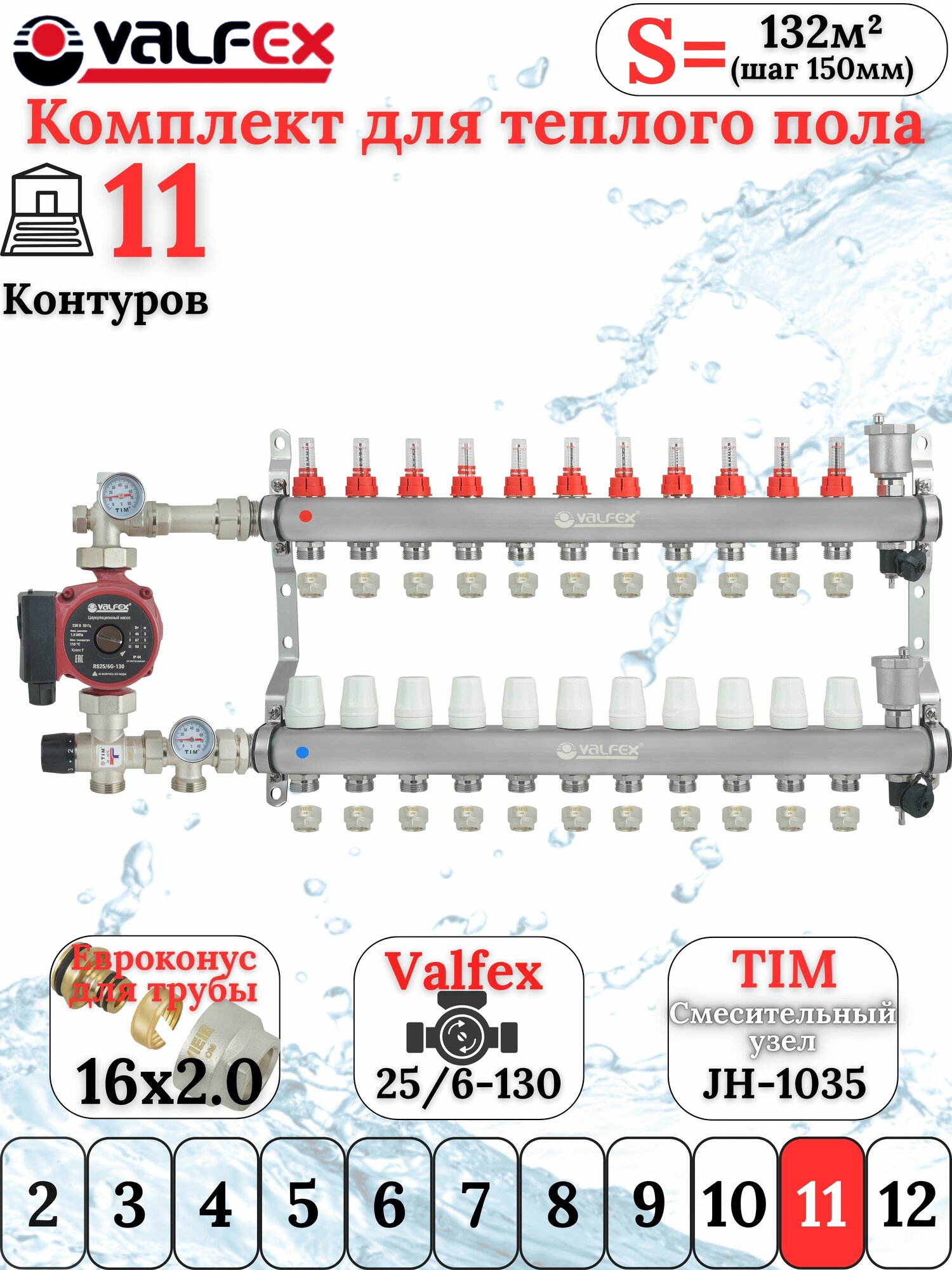 Комплект для водяного теплого пола с насосом до 180 кв/м Коллектор 11 контуров, евроконус 3/4'х16(2.0) VALFEX