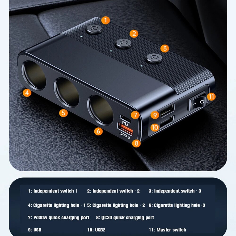 Разветвитель автомобильного прикуривателя, 127 Вт, 7 в 1, 3 гнезда питания PD QC3.0, двойной USB-адаптер для зарядки, автомобильное зарядное устройство, адаптер, переключатель