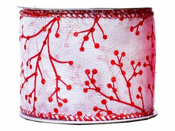 Лента для декорирования красное И белое (ветки), полиэстер, армированный край, 6х270 см, Kaemingk 440117-2