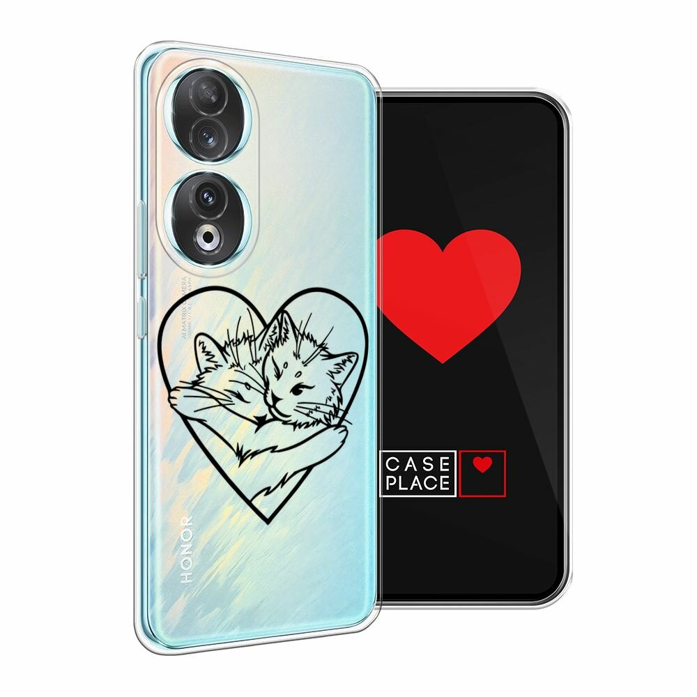 Чехол на Honor 90 / Хонор 90 с принтом "Влюблённые котики рисунок 3 - 14 февраля", прозрачный — фото 1