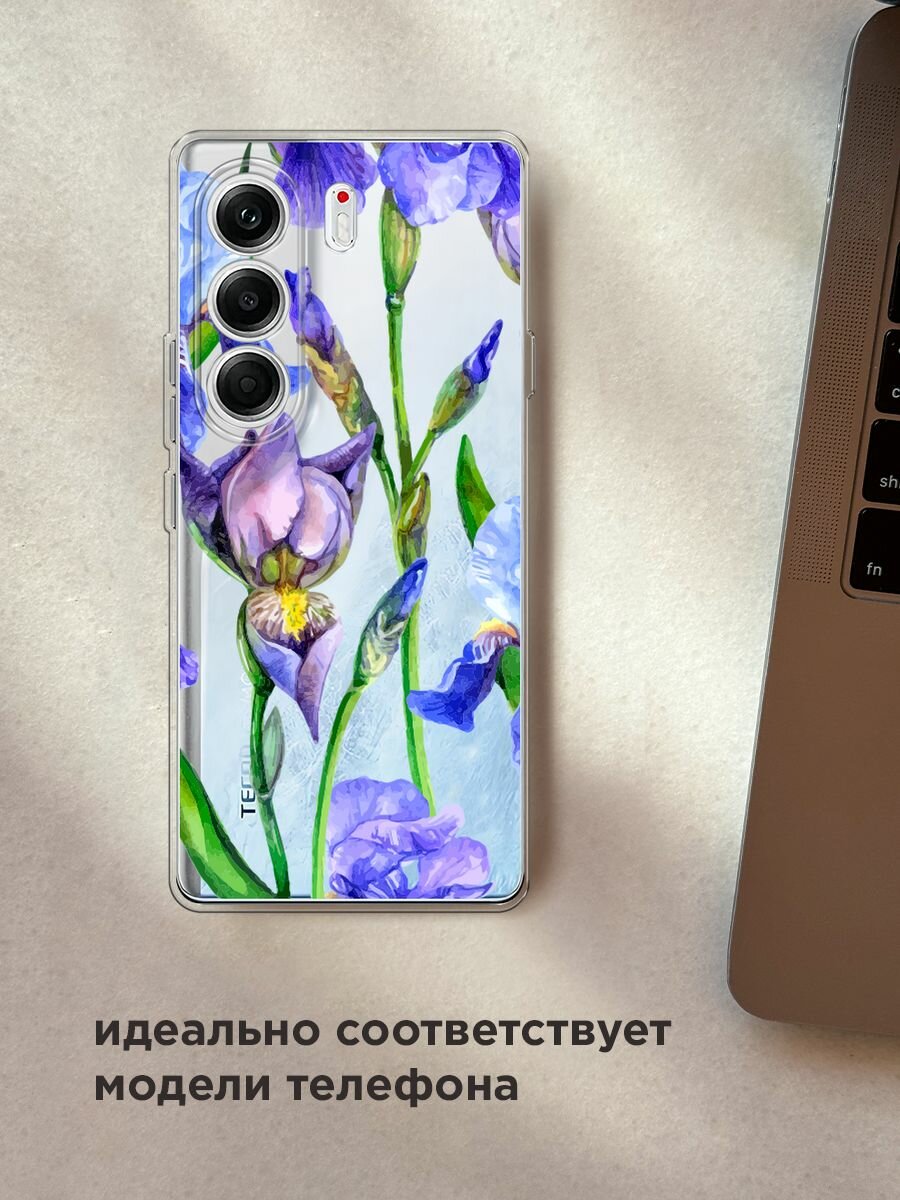 Чехол на Tecno Camon 40 Pro 5G / Текно Камон 40 Про 5G с принтом "Синие ирисы", прозрачный — фото 1