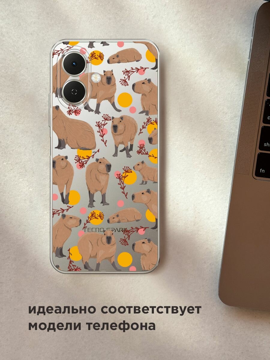 Чехол на Tecno Spark Go 2 / Текно Спарк Го 2 с принтом "Капибара паттерн", прозрачный — фото 1
