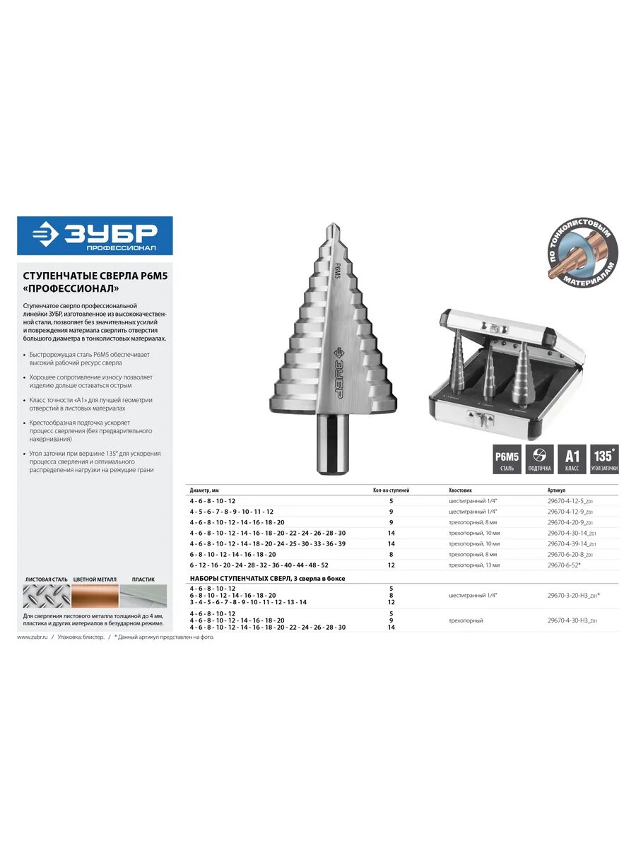 4-20 мм, 9 ступеней, сталь Р6М5, ступенчатое сверло, Профес