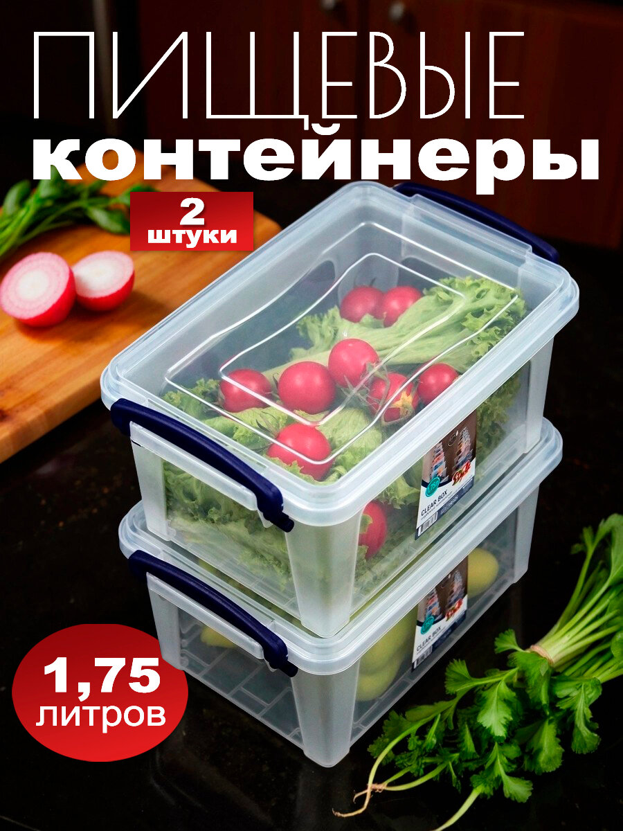 Набор контейнеров для еды с крышкой, пластиковые, 21х14х11 см, 1,75 литров, 2 шт.