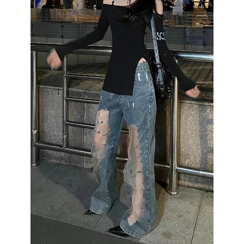 Охоты Брюки JYL Женские джинсы Чистый цвет Сетчатый сшивной свободный рваный кпоп уличный винтажный