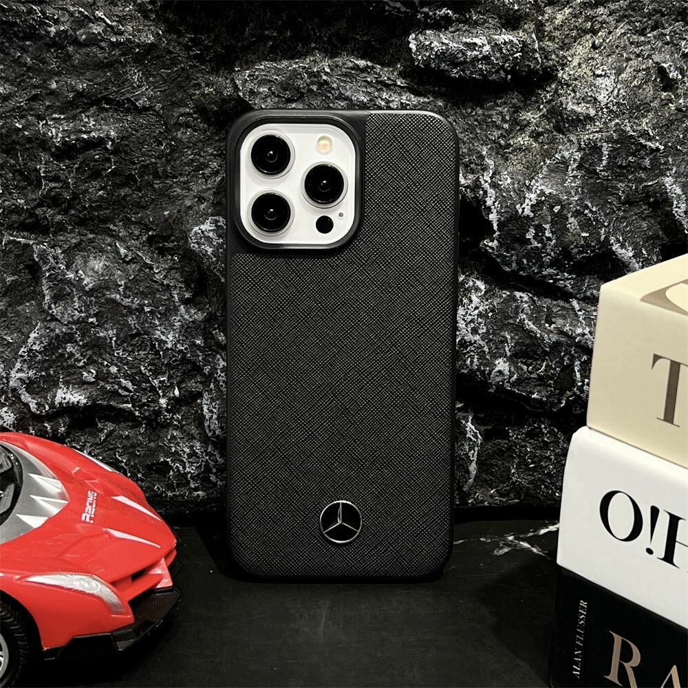 Чехол Mercedes Leather Plain Smooth на Apple iPhone 17 Pro Max / для Айфон Про Макс, из натуральной кожи, с ребристым бампером, с металлическим логотипом, черный