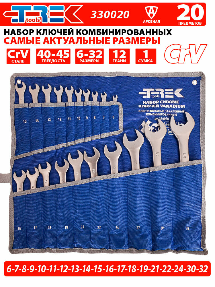 Набор ключей комбинированных 20 предметов в сумке (6мм-32мм рожково-накидные) TREK, 330020