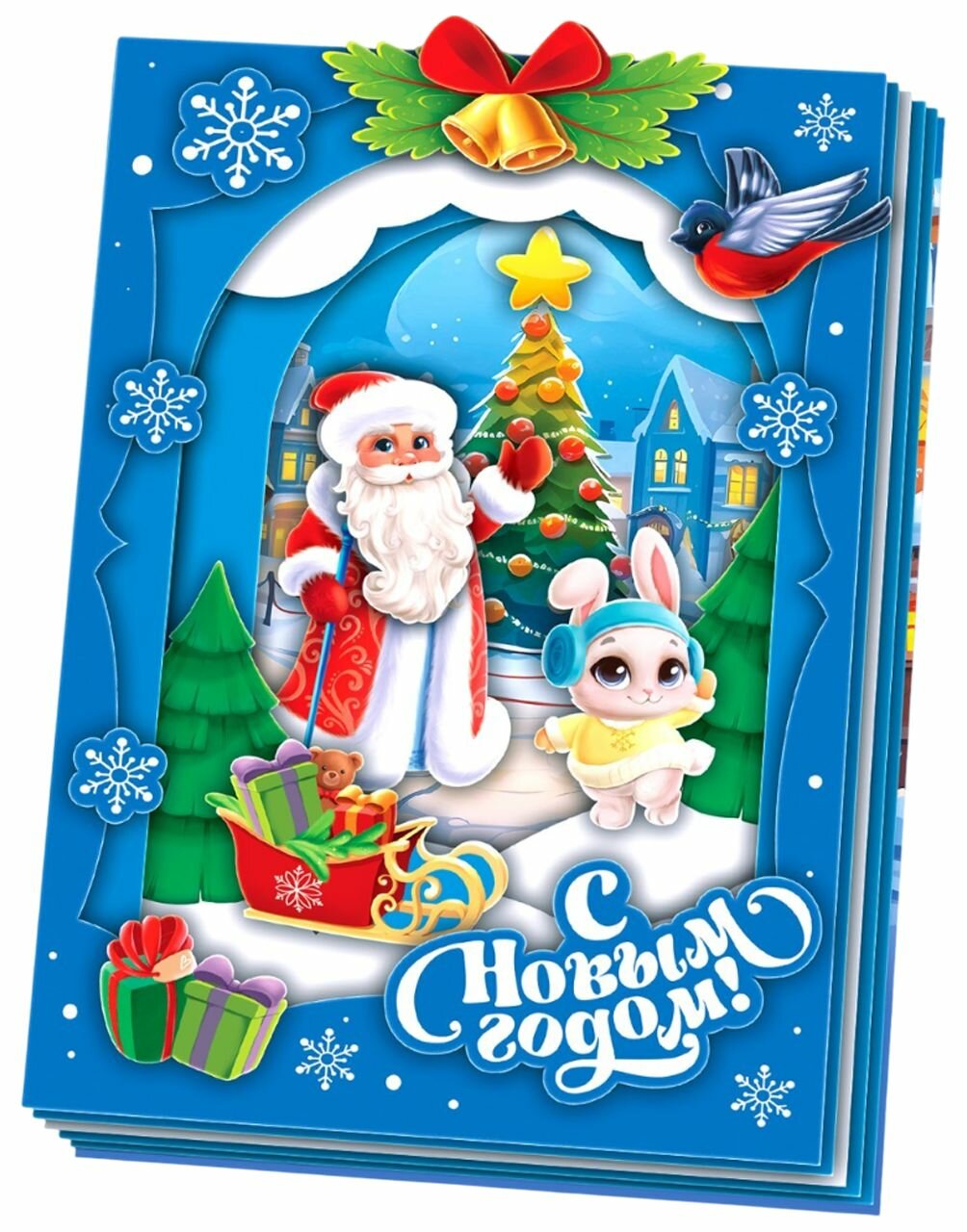 Объемная аппликация "Дед Мороз и зайка", набор для детского творчества и рукоделия, новогодняя открытка своими руками, + 4 игры