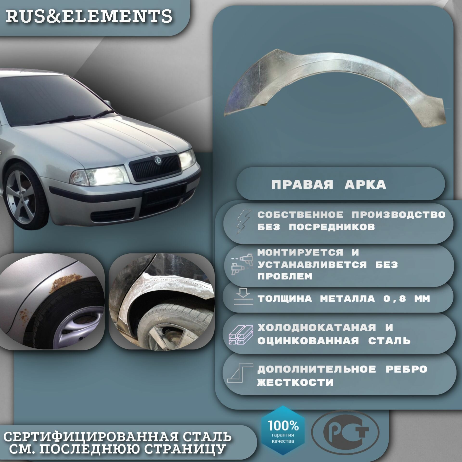 Правая ремонтная арка для автомобиля Skoda Octavia A4 (Шкода Октавиа А4) 1996-2011 г. в. холоднокатаная сталь 0,8 мм