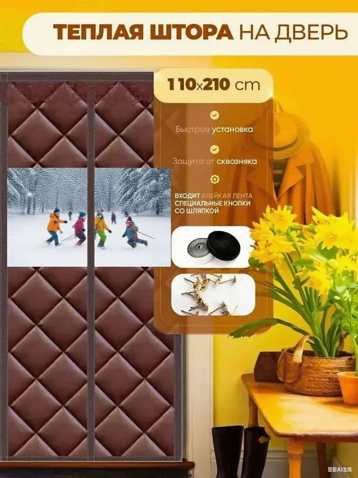 Занавеска на дверь 110x210 см коричневый