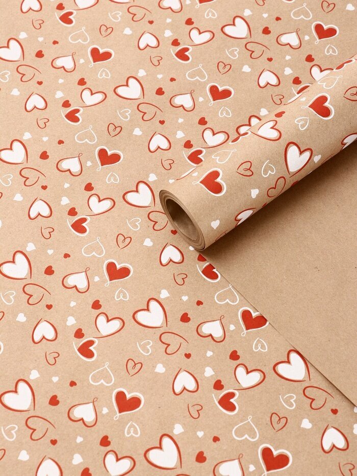 Бумага упаковочная крафт «Сердечки 2» красный/белый цвет на коричневом фоне 0.72×10±5% м, 60 г