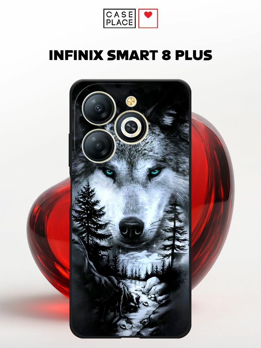 Черный матовый чехол на Infinix Smart 8/8 HD/8 Plus/HOT 40i / Инфиникс Смарт 8/8 HD/8 Плюс с принтом Волк в зимнем лесу