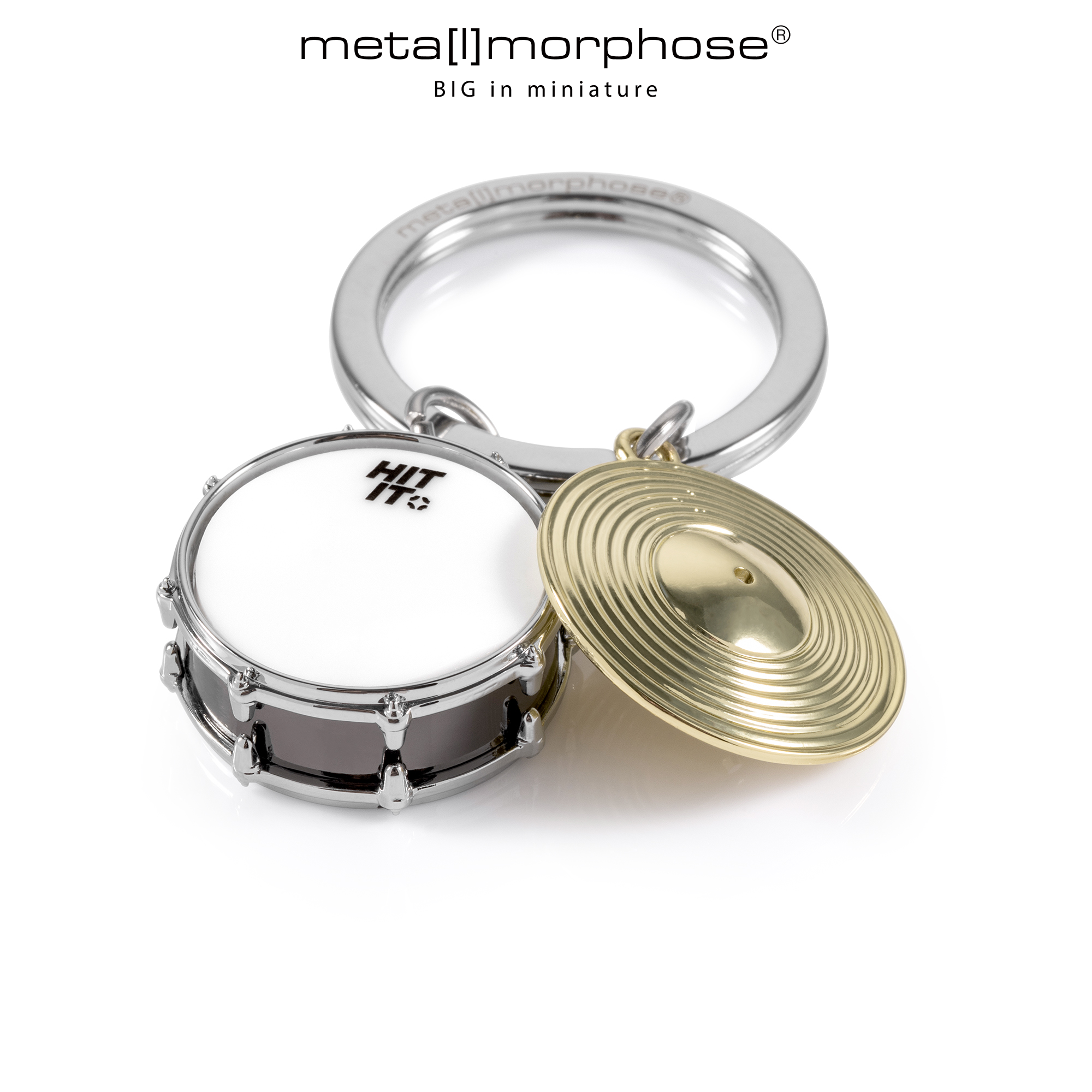 Белый ключен-чарм Metalmorphose с музыкальным рисунком барабанов - бельгийский дизайн для любителей музыки