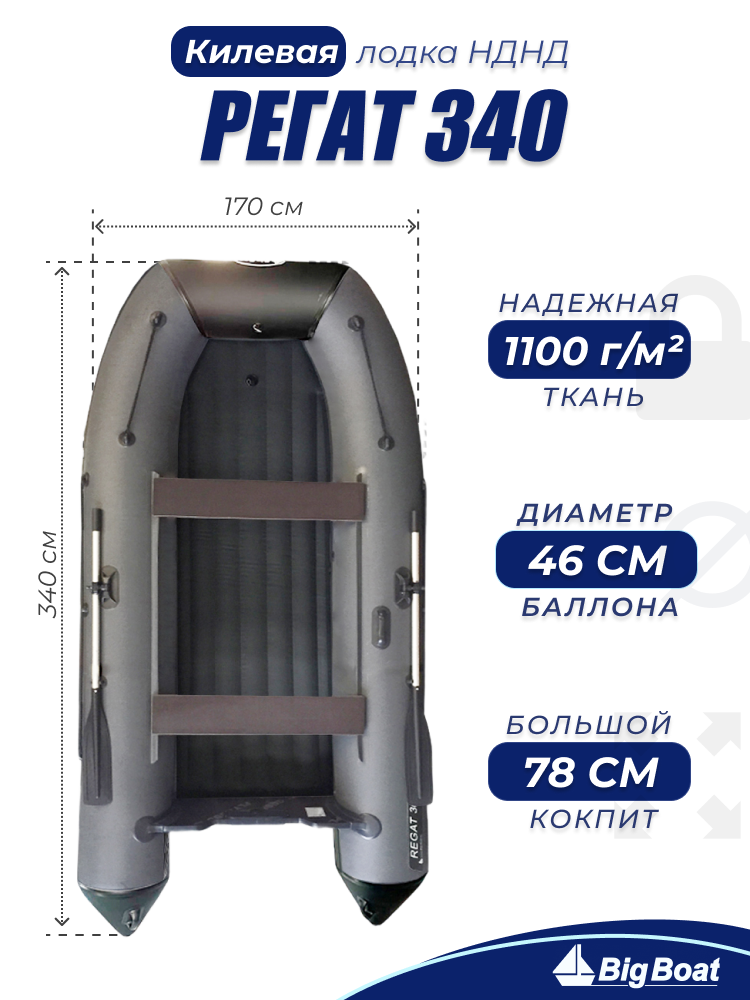 Надувная, под мотор, килевая лодка из ПВХ для рыбалки Regat (Регат) 340 НДНД