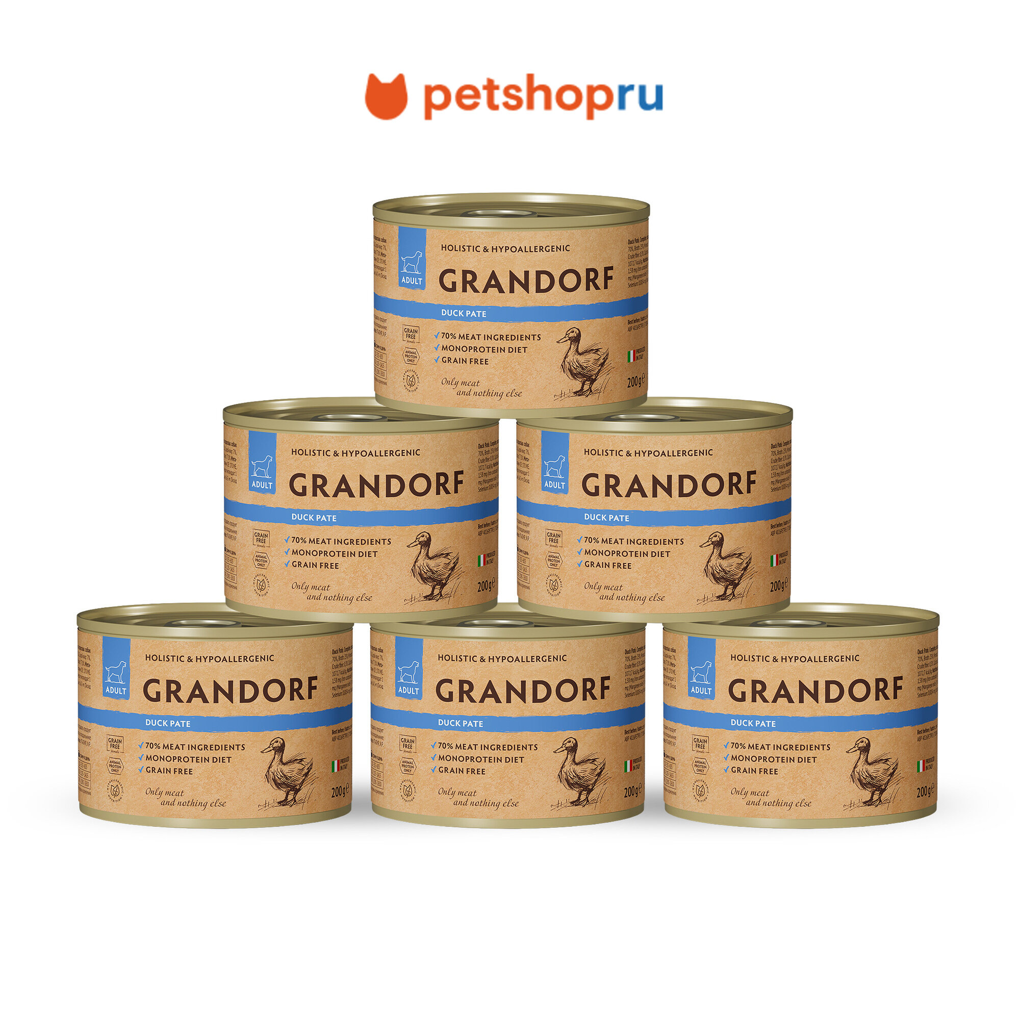 Grandorf Консервы для собак Паштет из утки, влажный корм, набор 6шт х 200г