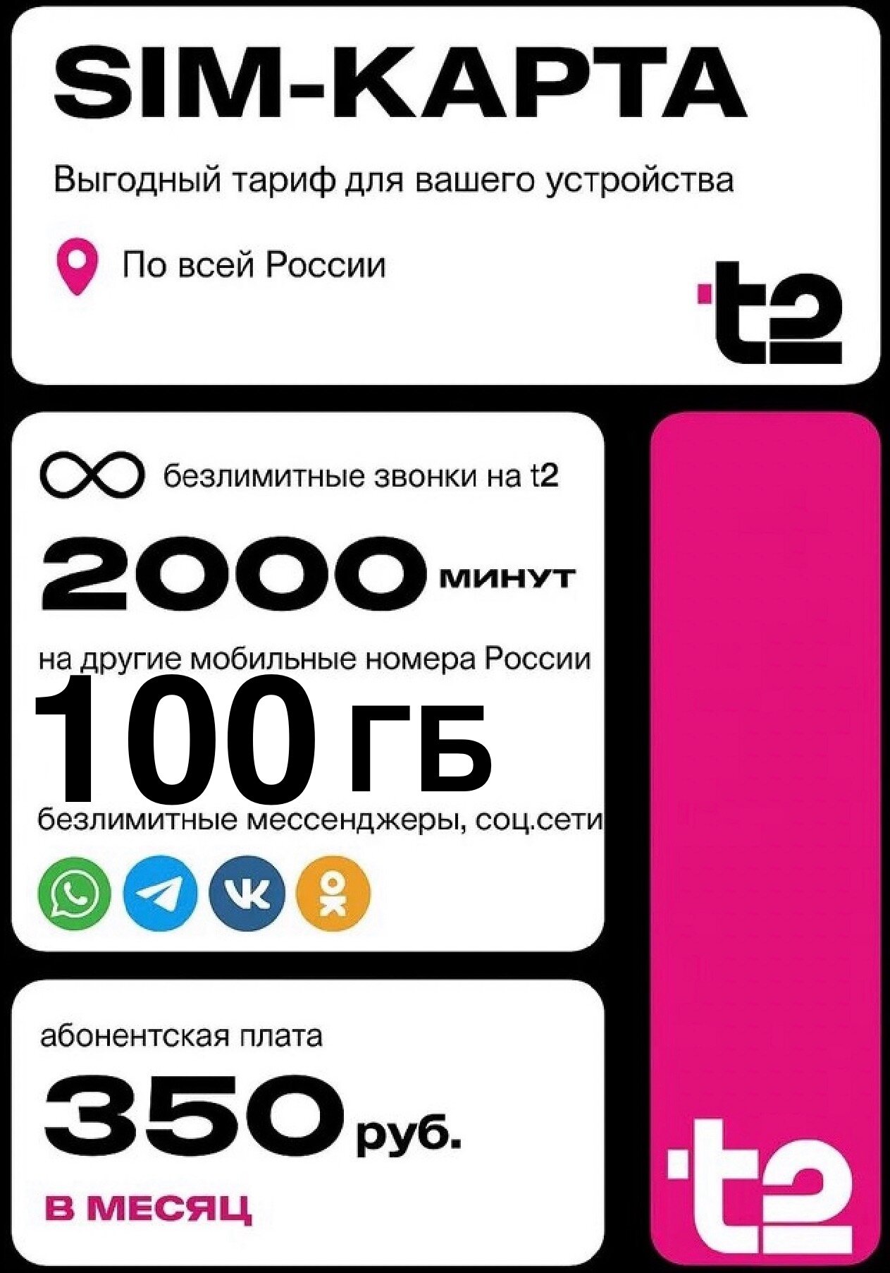 Сим-карта Теле2 "Всё включено", 50+50ГБ, 2000 мин, 350р/мес, Москва, Россия