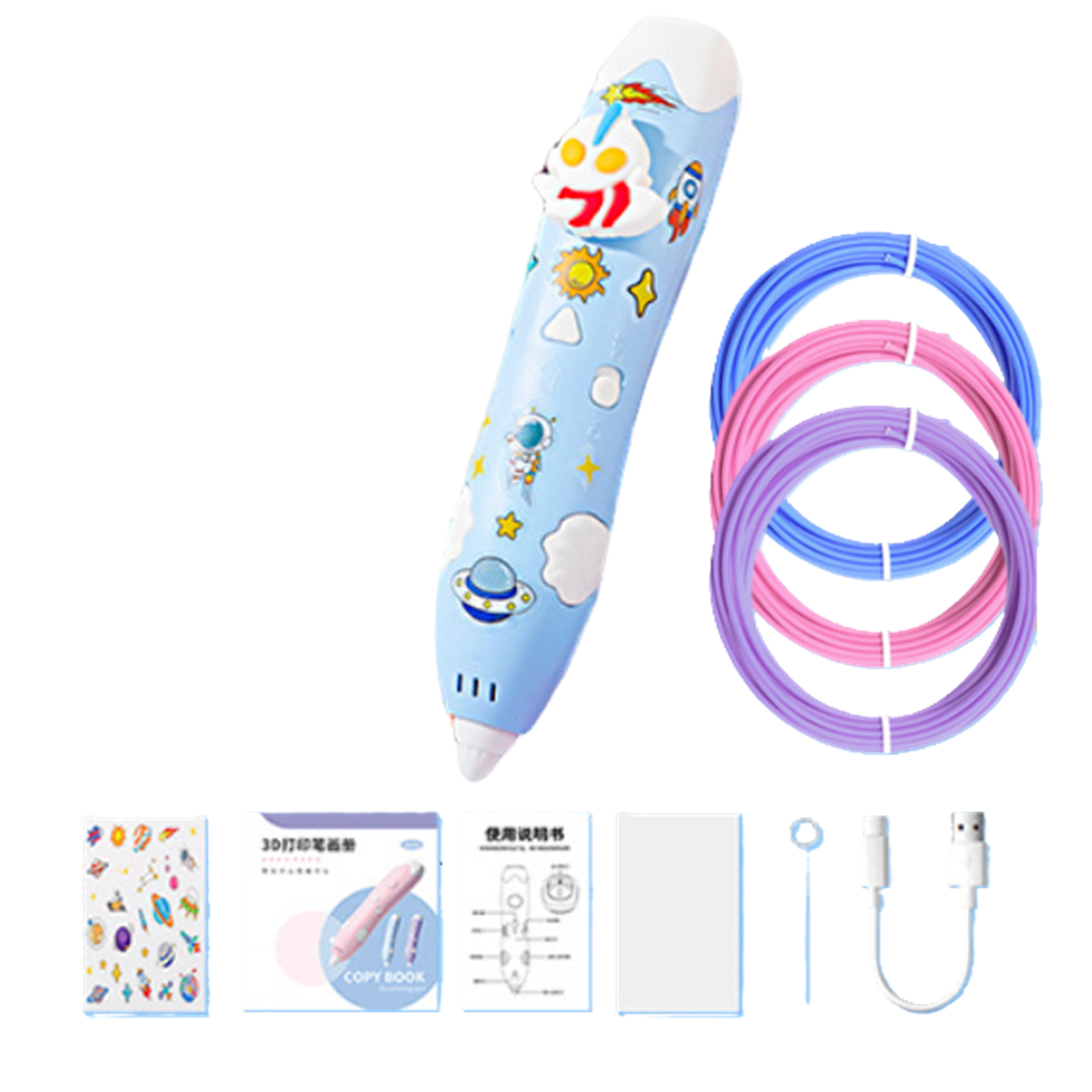 Детская 3D граффити ручка для рисования с низкотемпературным 3D печати, набор: Альбом*1, Инструкция*1, Копирующая доска*1, Инструмент против блокировки*1, Расходные материалы PCL*3, USB кабель для зарядки*1, Печатная ручка*1