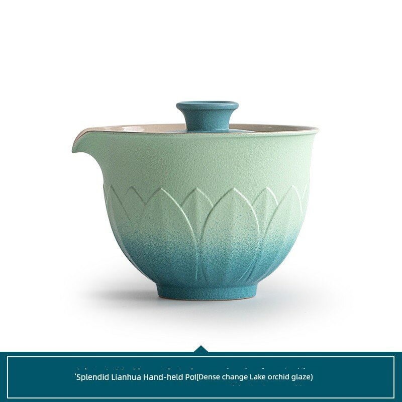 Элегантный лотос ручной чайник с переменной озерно-синей глазурью, нескользящая ручка для путешествий и дома