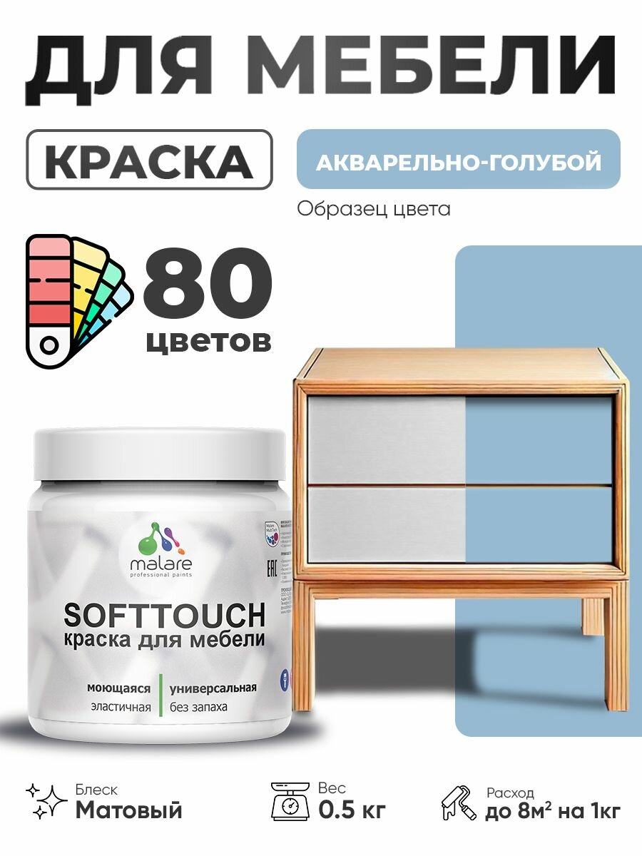 Акриловая краска для мебели Malare SoftTouch для кухонных фасадов для дерева и МДФ, моющаяся быстросохнущая, матовая, акварельно-голубой, 0.5 кг.