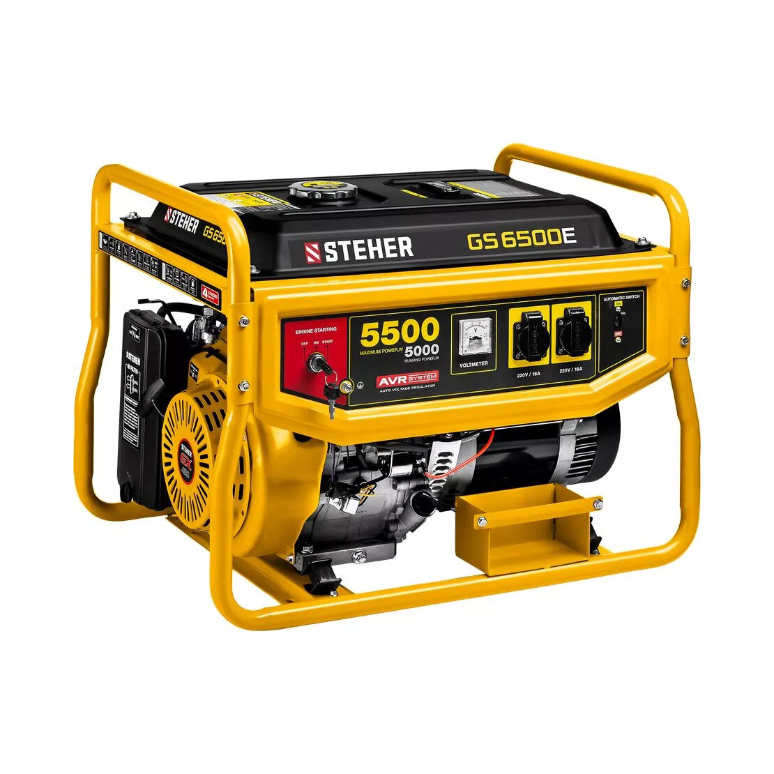 Бензиновый генератор Steher GS-6500Е, 5500 Вт/15 л. с, бак 25 л, 2.3 л/ч, датчик уровня масла, желтый