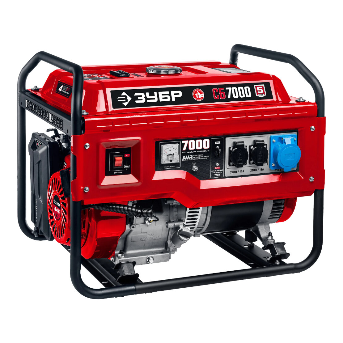 Бензиновый генератор ЗУБР СБ-7000, 220 В, 7 кВт, бак 25 л, 2.5 л/ч, датчик уровня масла, красный