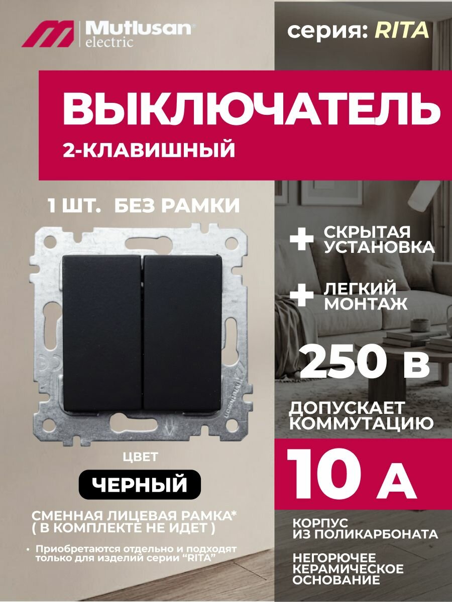 Выключатель без рамки двухклавишный, серия Rita