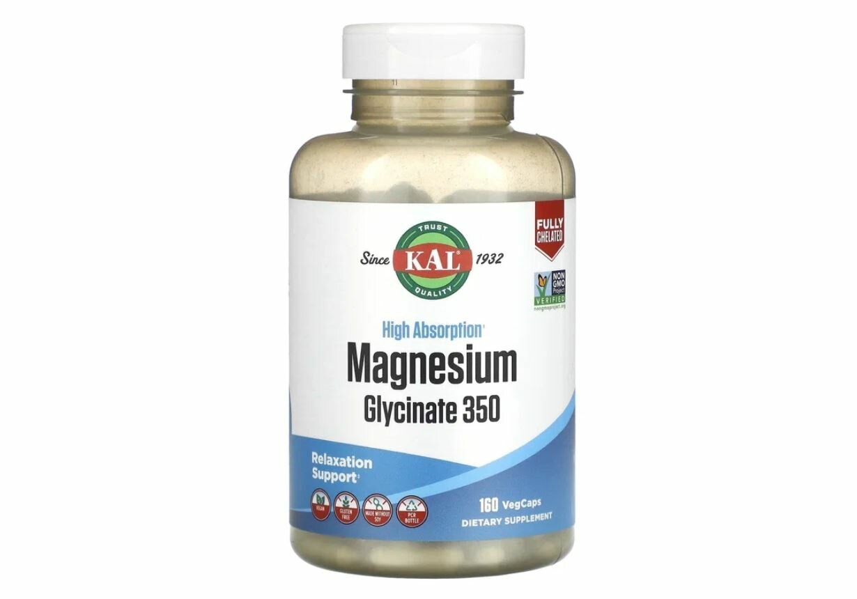 KAL, Magnesium Glycinate 350, Магния глицинат с высокой абсорбцией, 160 вегетарианских капсул