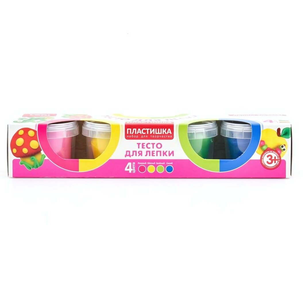 Тесто для лепки "Пластишка", набор для творчества, 4 цвета в баночках, мягкое, натуральное, для детей от 3 лет