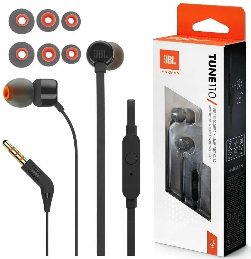 Наушники проводные с микрофоном JBL Tune 110, 3.5 мм, черный для смартфона для компьютера гарнитура