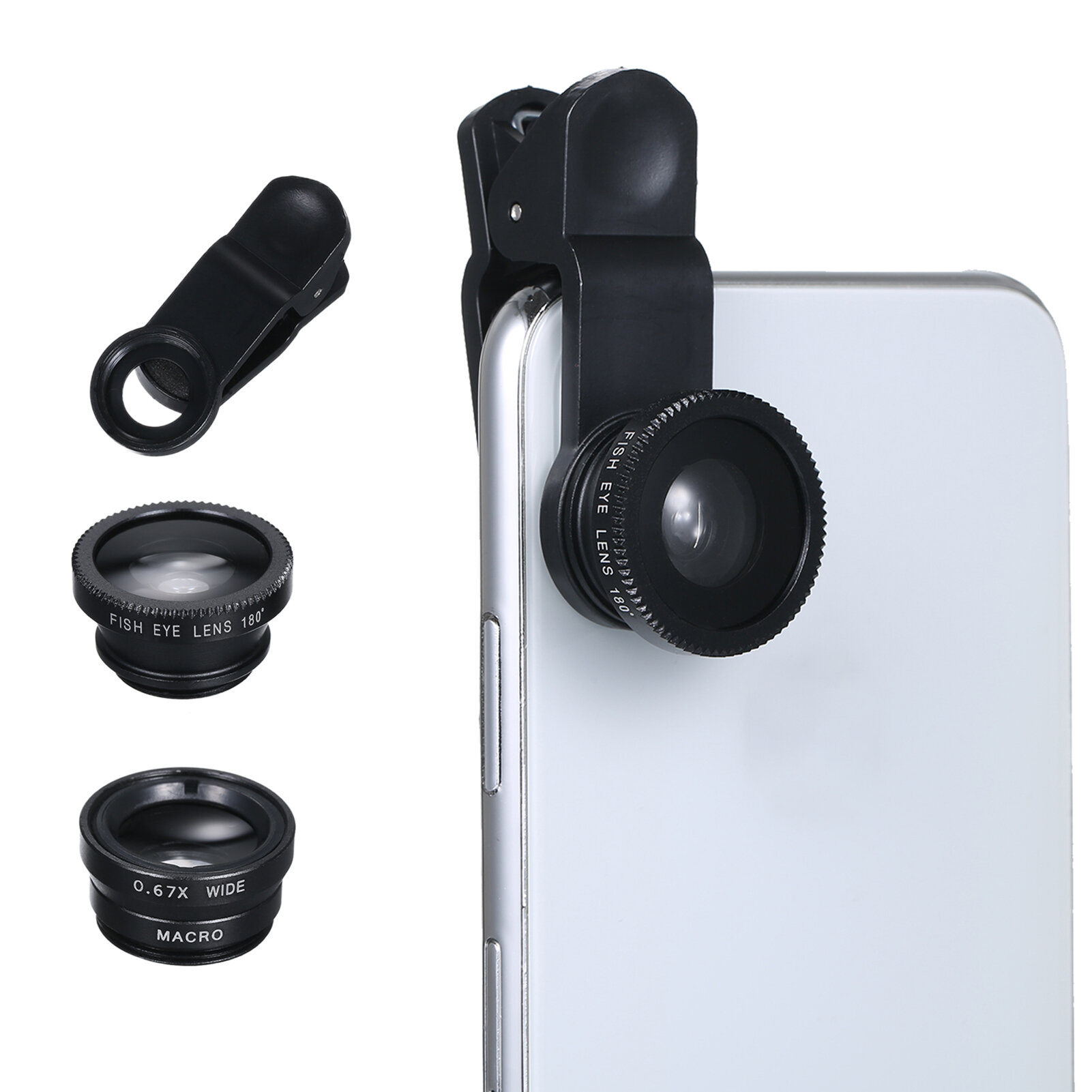Камераfone 3 в 1 Линза Камера Кит Клип-он Телефон Линза Кит 180° Рыбацкая Линза & 0.67X Широкоугольная Линза & Макро Линза с Клип Сумка Совместимый с iOS Android Телефоны Материал Алюминиевый сплав Акрил Цвет Золотой Серебряный Черный Красный Синий