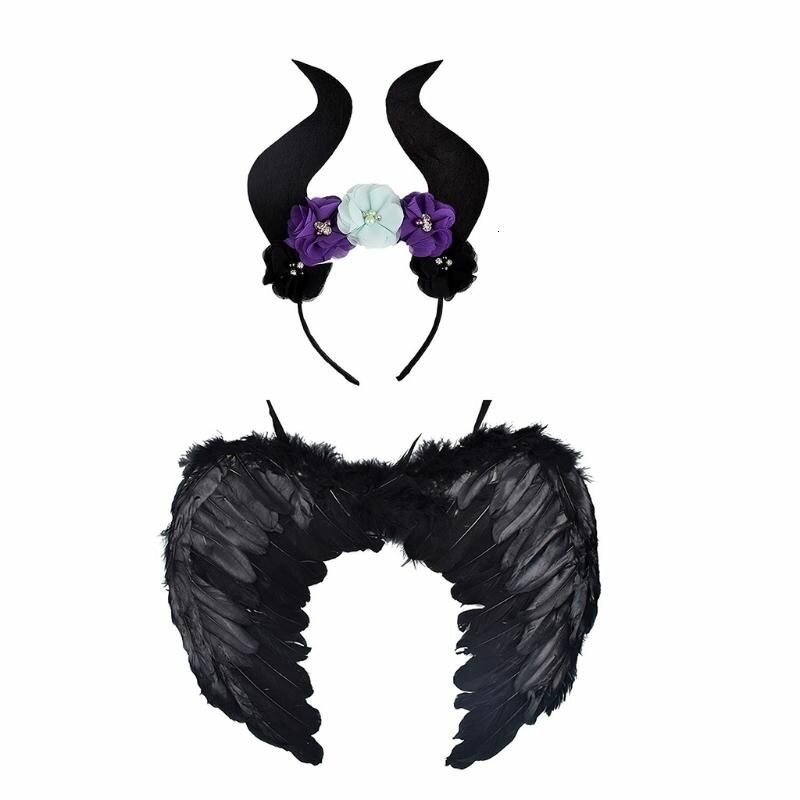 Винтажные черные крылья ангела, набор с рогами дьявола и обручем для волос, - Стиль второй