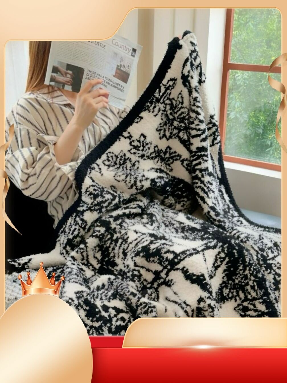 Эксклюзивное двустороннее покрывало 130x170cm, вязаный флис с тушью